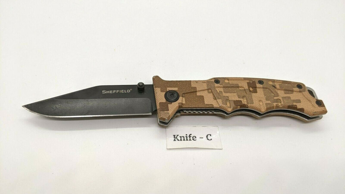 Sheffield Tan Camo Single Plain Blade Folding Pocket Knife Liner Lock ...