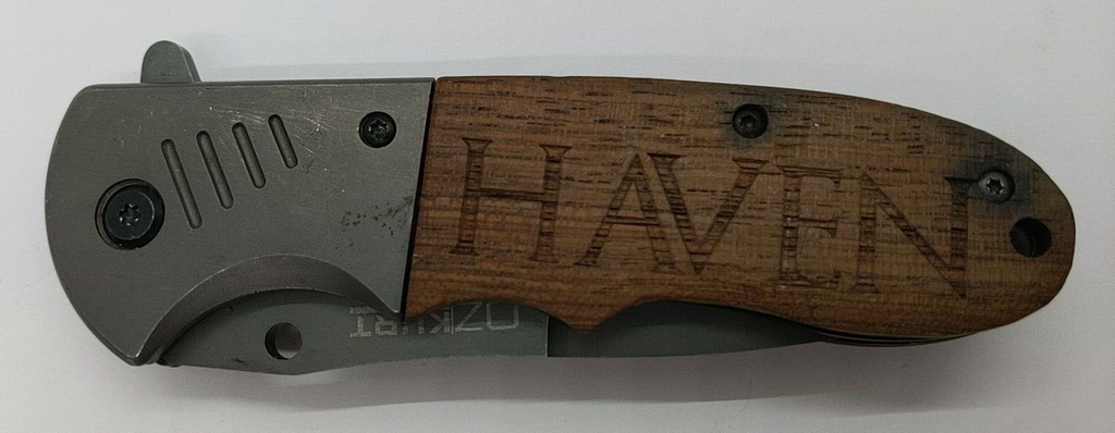 OZKurt USA Liner Lock Plain Drop Point Blade Wood Handle Folding Pocke ...