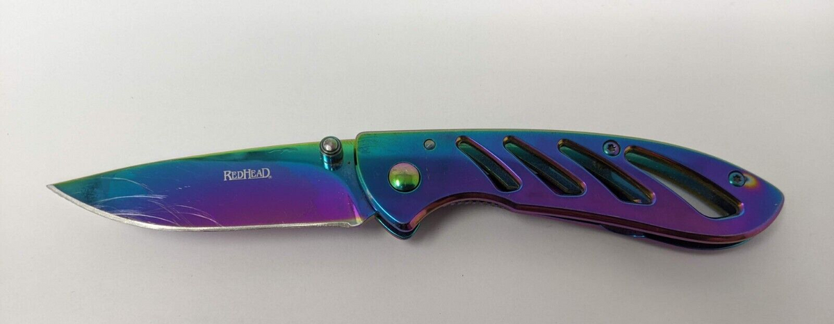 RedHead Rainbow Folding Pocket Knife Plain Edge Blade w/Belt Clip Tact ...