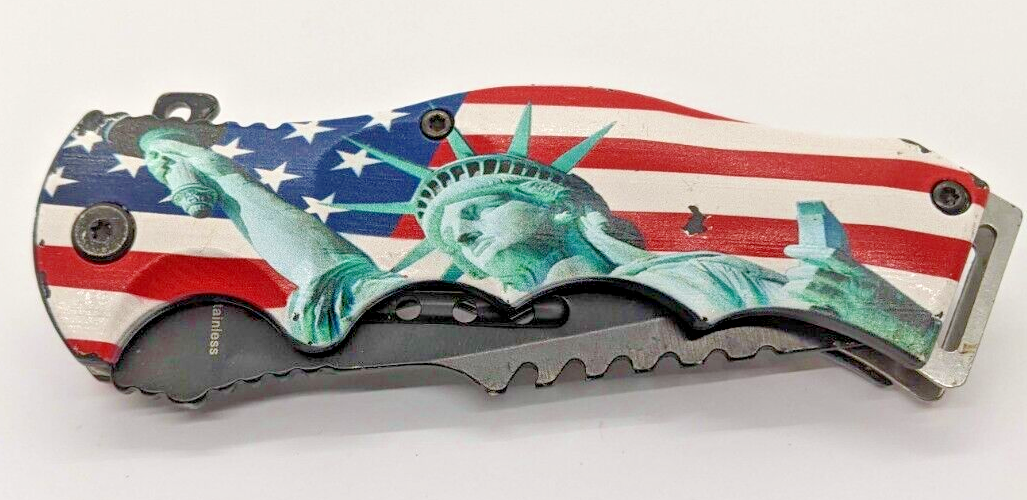 American Pride Statue of Liberty Tanto Combination Blade Folding Pocke ...